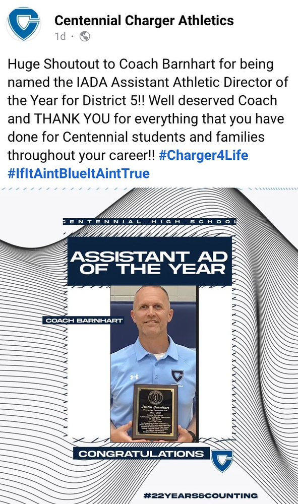 Justin Barnhart - Asst. AD of the Year! | Centennial High School